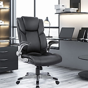 High Back Executive Office Chair- Ergonomic Home Computer Desk Leather Chair with Padded Flip-up Arms, Swivel Rolling Chair for Adult Working Study-Black