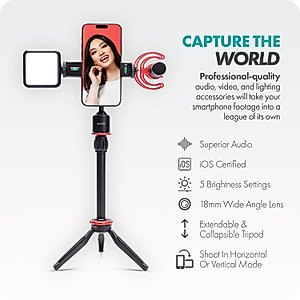 Movo iVlog1 Vlogging Kit for iPhone - Lightning Compatible YouTube Starter Kit - with Shotgun Microphone, Mini Tripod, LED Light, Wide-Angle Lens, Lightning Adapter Vlog Kit - iPhone Vlogging Kit