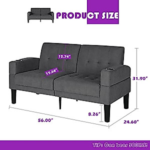 TYBOATLE Linen Upholstered Modern Love Seats Sofa with 2 USB, Fabric Loveseat Furniture w/Removable Armrests, 2 Cup Holders, Suitable for Compact Living Space, Apartment, Dorm (Dark Grey)