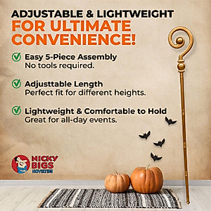 Nicky Bigs Novelties Adult Gold Saint Nicholas Shepherd Staff - Priest Pope Bishop Crosier Stick - Halloween Easter Costume Accessory Prop, Gold, One Size