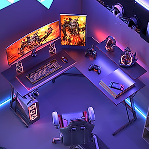 FEZIBO L Shaped Gaming Desk with LED Lighting, Computer Corner Desk PC Writing Table Gamer Workstation for Home Office, Black