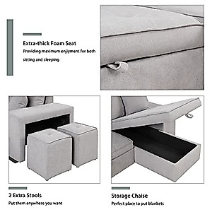 BIADNBZ 104" Sectional Sofa Sleeper with Pull Out Bed and Storage Chaise Lounge, Modern L-Shape Couch Linen SofaBed w/2 Stools for Living Room, Gray