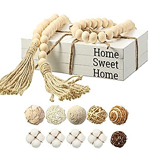 Yerliker Decorative White Books Set Farmhouse Home Coffee Table Faux Stacked Books with Wood Bead,and Spherical Wicker Rattan Ball,Cotton Bowl and Vase Filler for Living Room Shelf Decor