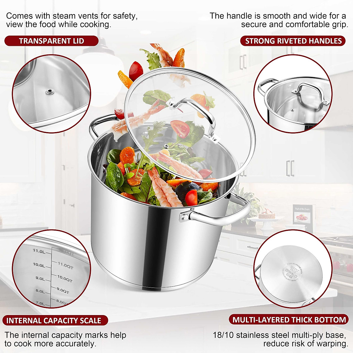 Herogo 12-Quart 18/10 Stainless Steel Stock Pot with Lid, Large Heavy Duty Soup Pot Compatible with Electric, Gas, Induction and Gas Cooktops, Dishwasher Safe