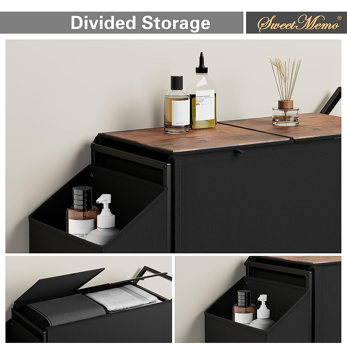 SweetMemo Rolling Laundry Basket with Wheels and Lids, 2 Section Laundry Hamper On Wheels, Heavy Duty Industrial Wheeled Clothes Hampers， Black