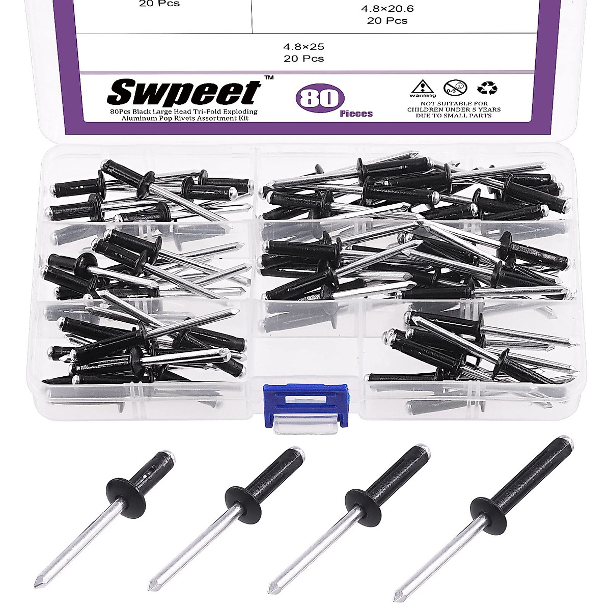 Swpeet 80Pcs 3/16" x 9/16" / 3/4" / 13/16" / 1" Aluminum Long Grip Tri-Grip Rivets Tri-Fold Tri Bulb Mounting Rivet Blind Rivets Assortment Kit, Tri-Grip Rivet Perfect for Deep Water Installing Boat