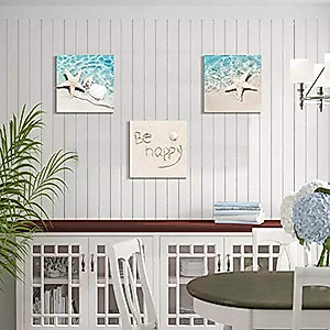 Beach Starfish Canvas Wall Art: Starfish and Conch in The Teal Sea Water Picture Prints on Canvas for Bathroom (12'' x 12'' x 3 Panels)
