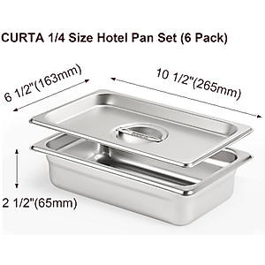 CURTA 6 Pack Anti-Jam Hotel Pans with Lids, 1/4 Size 2 1/2 Inch Deep, NSF Commercial 18/8 Stainless Steel Chafing Steam Table Food Pan with Covers