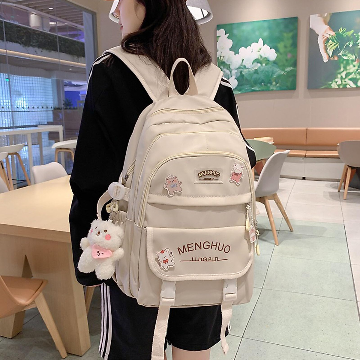 Tenbip Kawaii Backpack Cute Backpack Aesthetic Backpack Preppy Backpack Kawaii School Supplies with Bear Accessories (White)…
