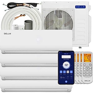 Della 36K BTU (9K 12K) ODU Quad 4 Zone 19 SEER2 208-230V Cools Up to 1750 Sq.Ft, Works with Alexa, Wifi Energy Efficient Multi Zone Mini Split Air Conditioner Pre-Charged Heat Pump Full Set