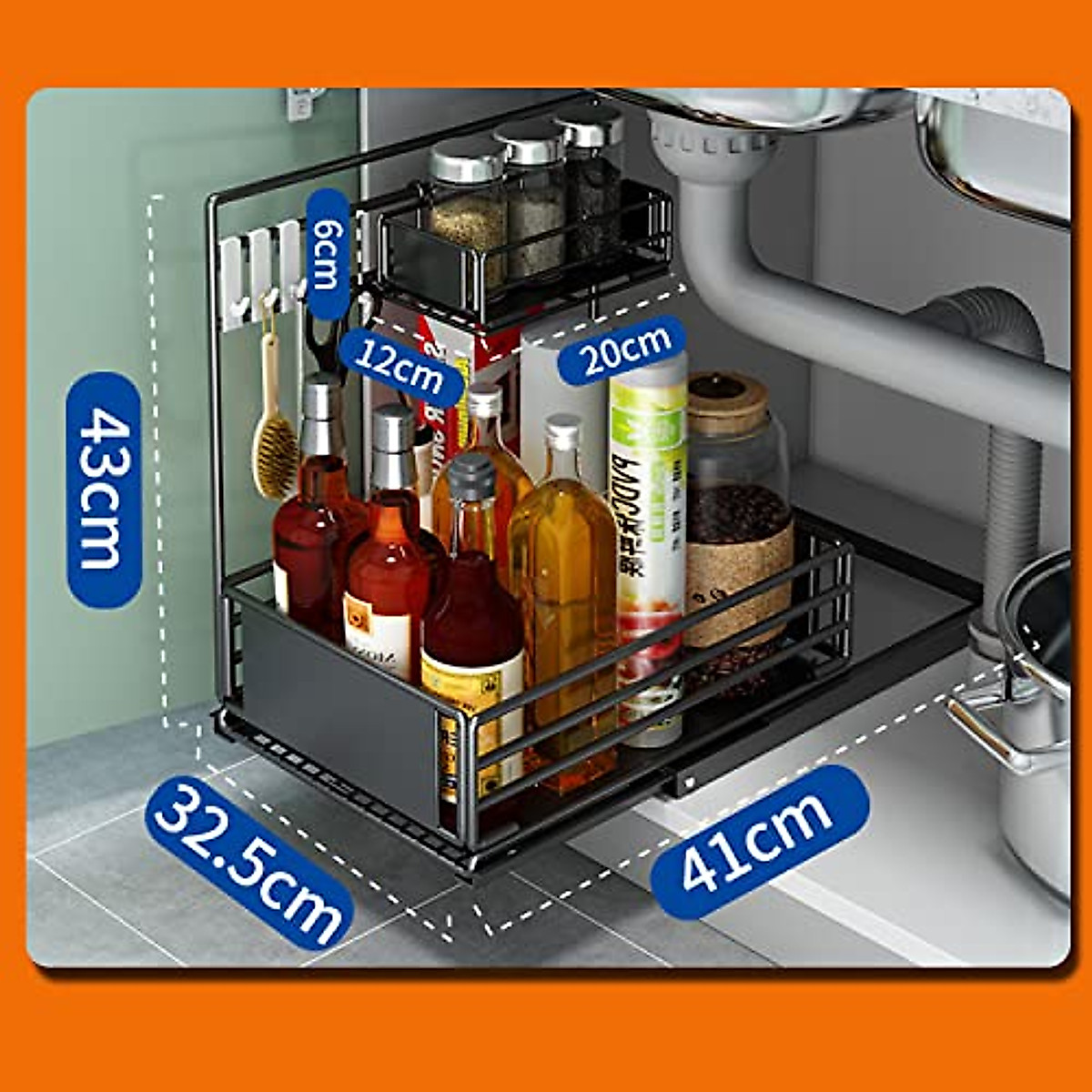 Under Sink Organizer and Storage, Under Sliding Cabinet Basket Organizer 2-Tire Under Kitchen Bathroom Sink Storage, Multi-Purpose Under Sink Shelf Organizer Black,White