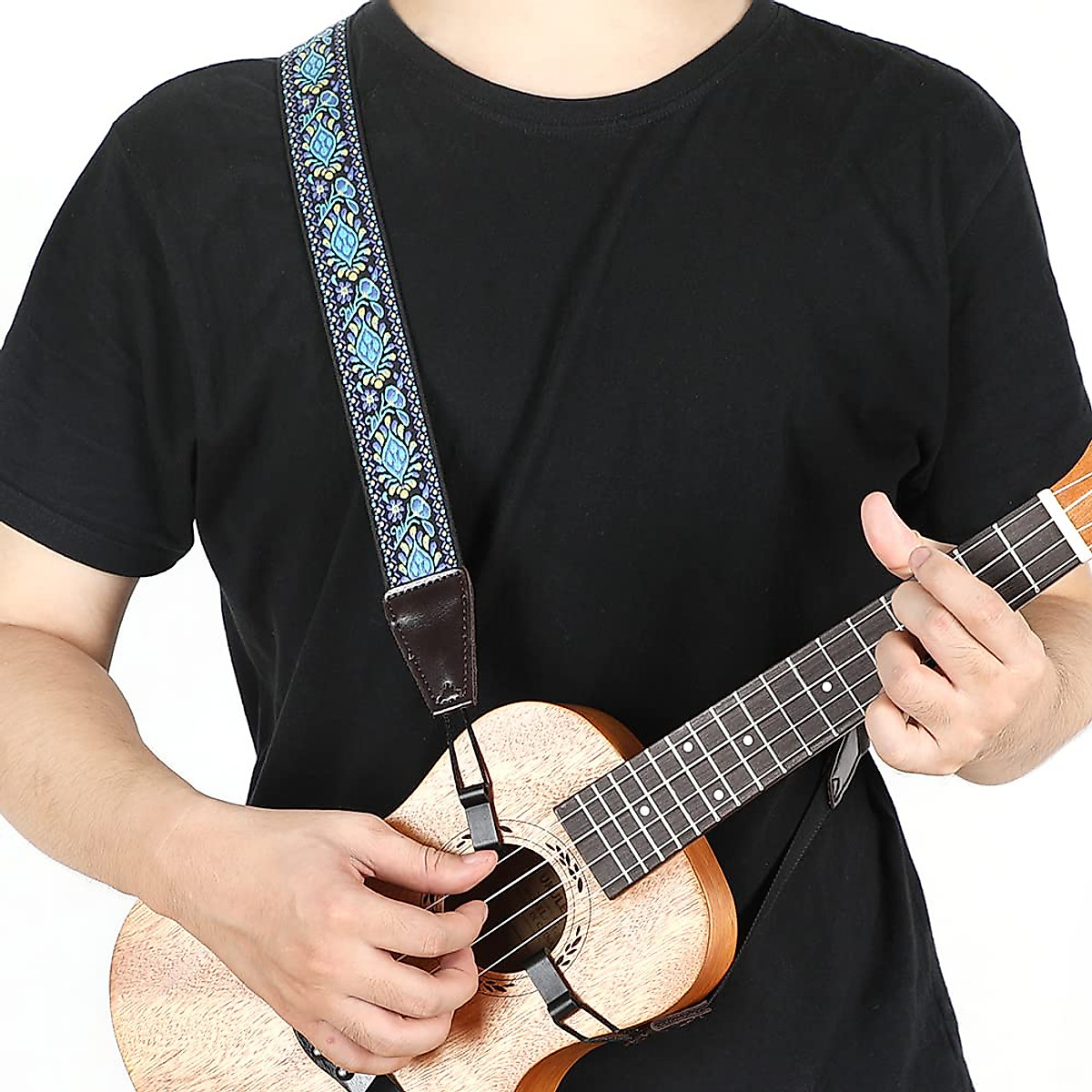 Eyeshot Ukulele Strap No Drill, Adjustable Double J Hook Clip on Uke Shoulder Strap, Hawaiian Jacquard Blue Flower Hands Free Ukelele Strap, Easy to Use and Fit Most Standard Uke Sizes