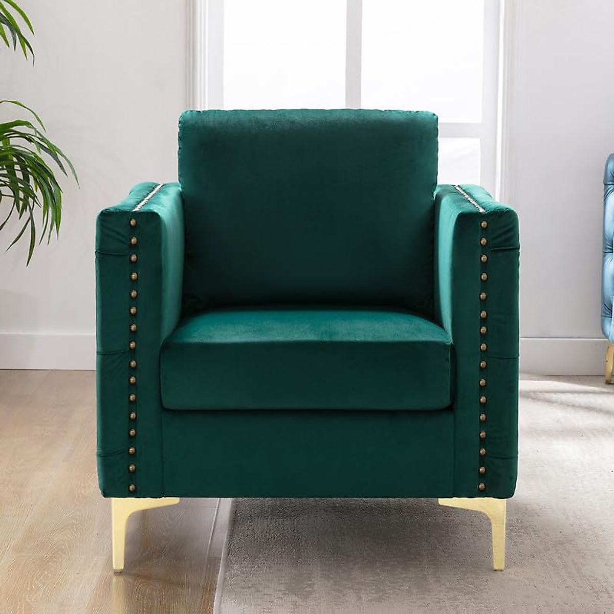 Modern Velvet Accent Chair, Tufted Button Armchair with Pillow and Decorative Nailheads Single Lounge Sofa Chair Club Chair with Steel Legs for Living Room Bedroom Office (Green)