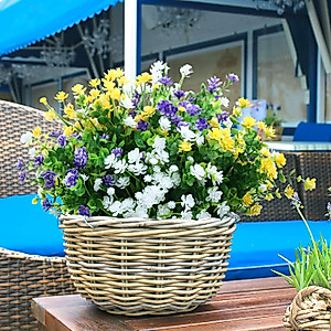 WILLBOND 12 Bundles Artificial Flowers Outdoor, UV Resistant Faux Artificial Plants Shrubs Plastic Flower Bulk for Hanging Planter Porch Window Home Wedding Fall Summer Decor (Yellow, Purple, White)