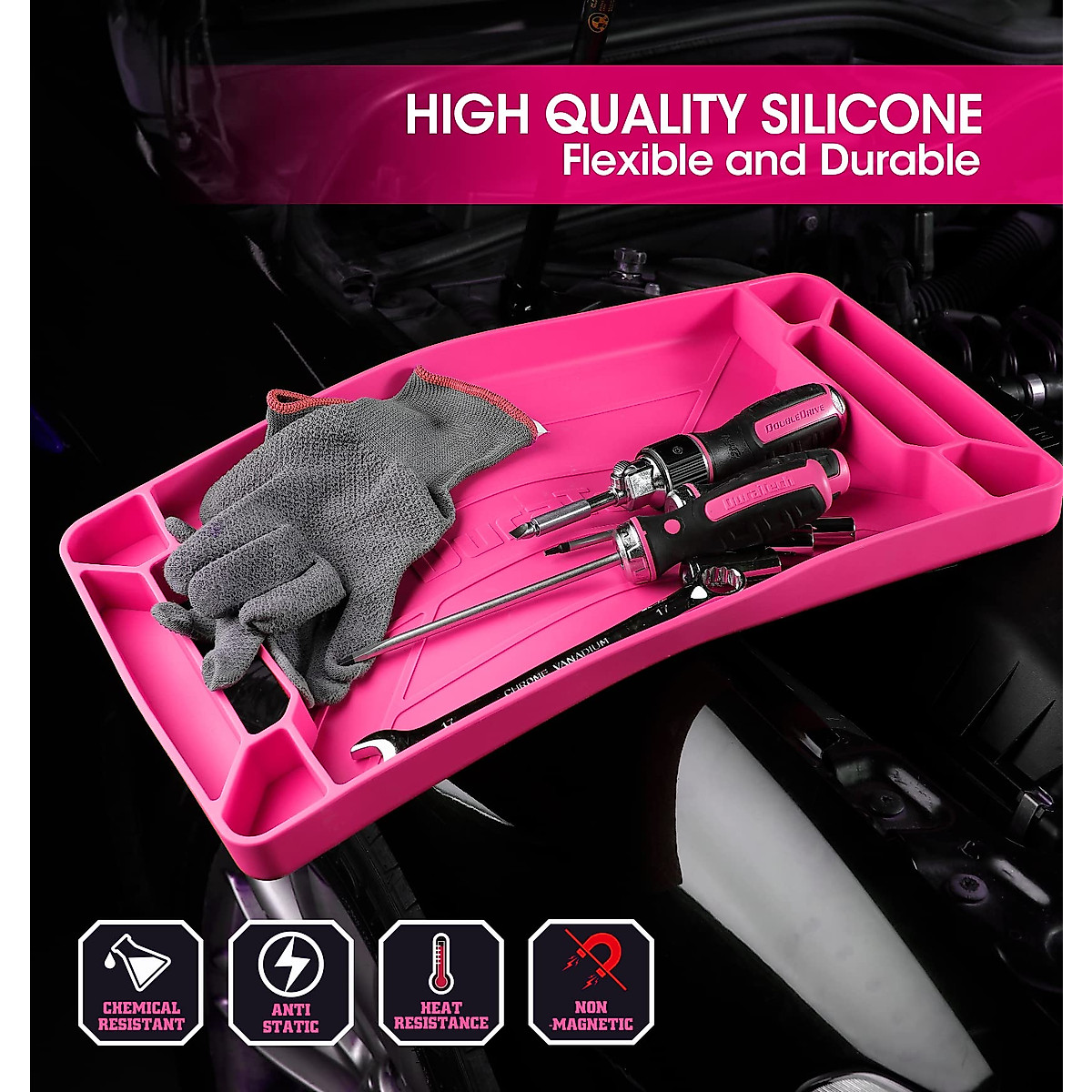 DuraTech Flexible Tool Tray, Silicone Tool Holder for Mechanics Storage, Heat and Chemical Resistant Tool Organizer for Automotive, Industry and Household(3pack Pink)