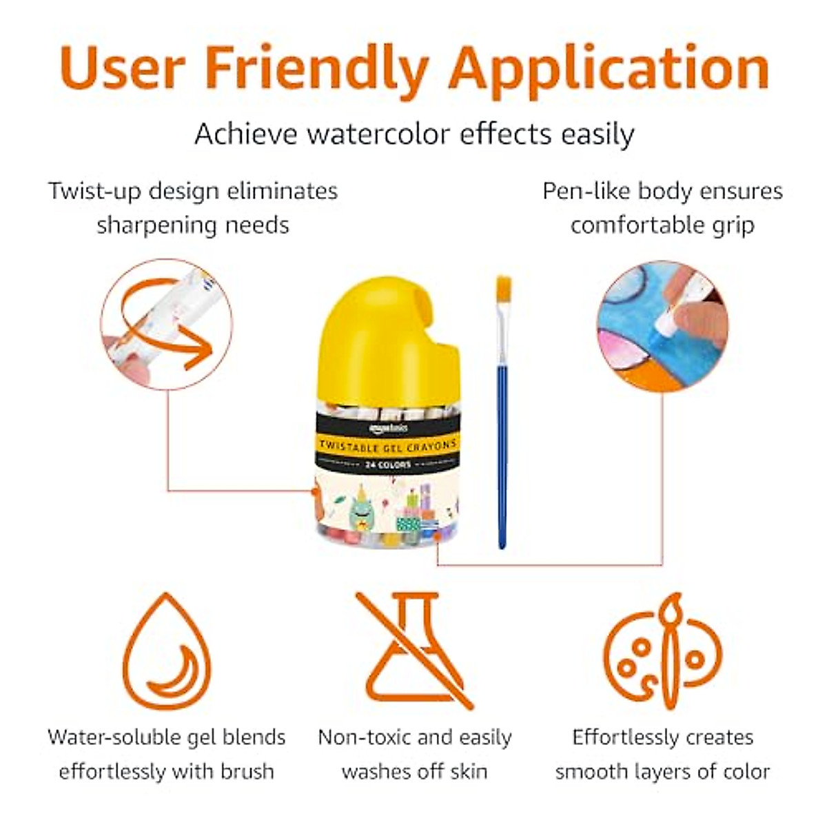 Amazon Basics Twistable Pack of 24 Gel Crayons, Washable, 24 Colors