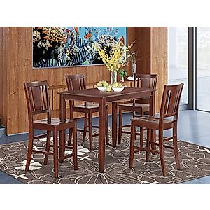East West Furniture Buckland 5 Piece Counter Height Set Includes a Rectangle Dining Room Table and 4 Wood Seat Chairs, 30x48 Inch, Mahogany