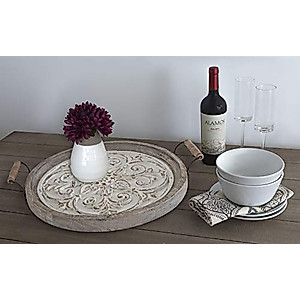 Kate and Laurel Hillrose Round Wooden Tray, 18 inch Diameter, Rustic Brown and White, Decorative Tray for Serving, Display, and Storage