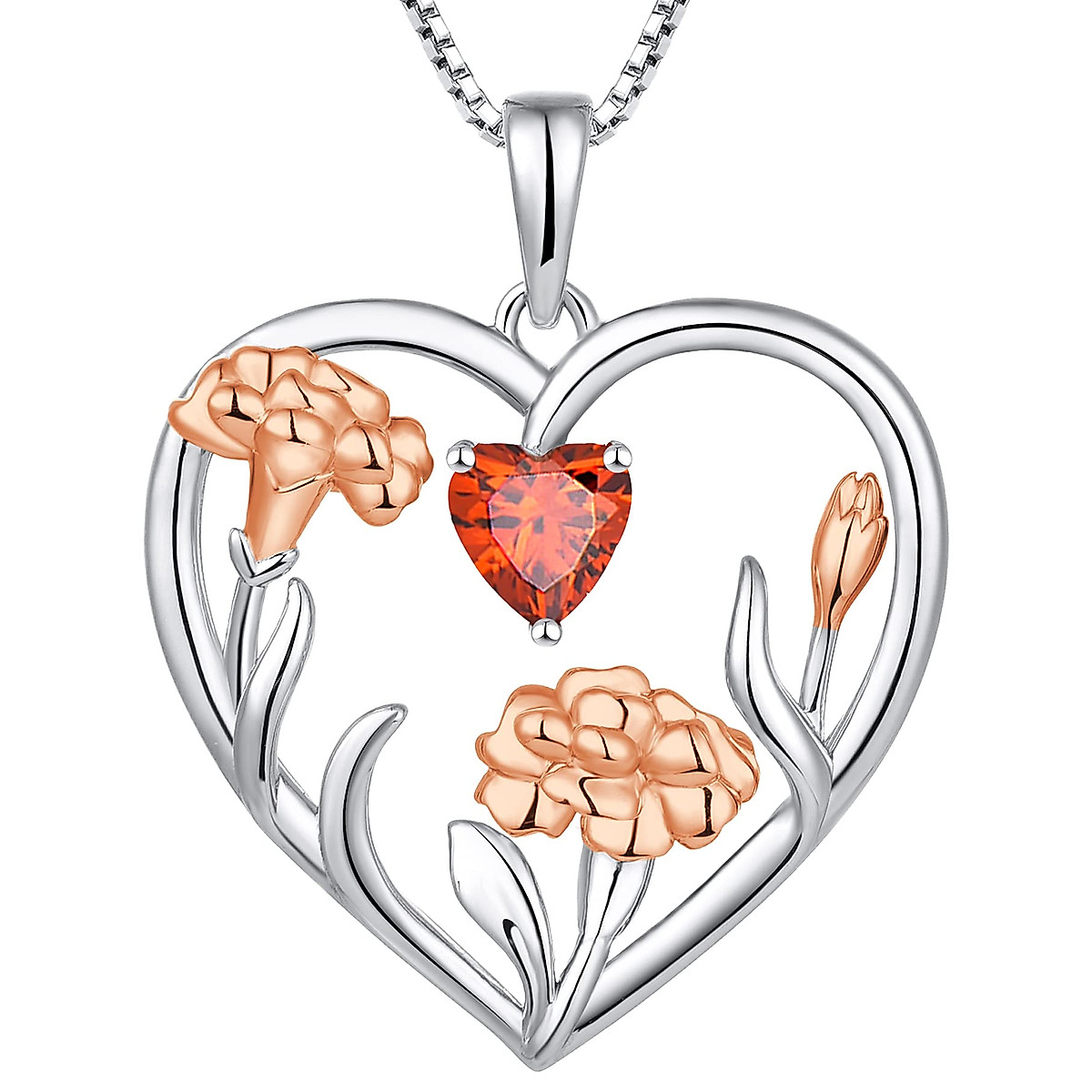 YL Birth Flower Necklace 925 Sterling Silver Love Heart Carnation Flower Pendant Created Garnet Jewelry for Women