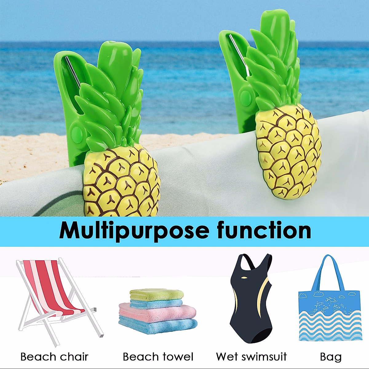 CAIRIAC Beach Towel Clips, Plastic Clothespins Towel Laundry Clips, Clothes Towel Pins for Beach Pool Party Hot Spring Chair (Pineapple, 4 Pcs)