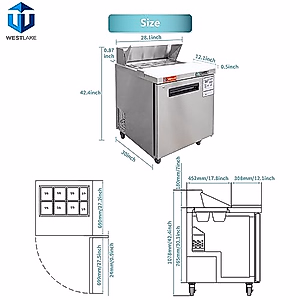 WESTLAKE 27" W Refrigerator Sandwich & Salad Prep Table Commercial Stainless Steel Counter Fan Cooling Refrigerator with 8 Pans-27 Inches for Restaurant, Bar, Shop, etc