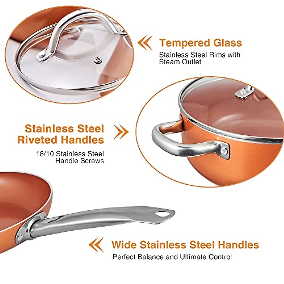 Copper Pots and Pans Set Nonstick 10-Piece Ceramic Cookware Set, Stainless Steel Handles, Dishwasher & Oven Safe, PFOA/PFAS-Free, Orange