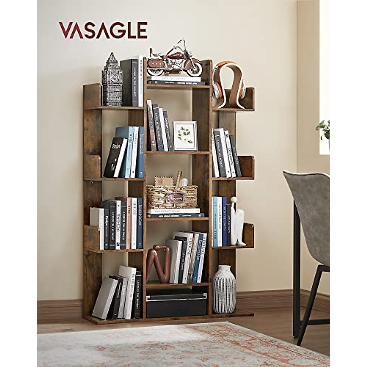 VASAGLE Bookshelf, Tree-Shaped Bookcase with 13 Storage Shelves, Rounded Corners, 9.8”D x 33.9”W x 55.1”H, Rustic Brown ULBC67BXV1