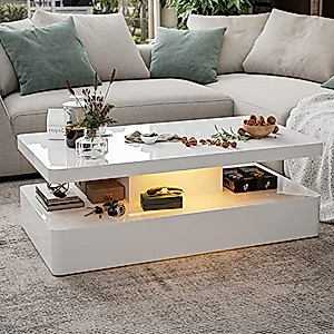 IKIFLY Modern High Glossy White Coffee Table with 16 Colors LED Lights, Contemporary Rectangle Design Living Room Furniture, 2 Tiers