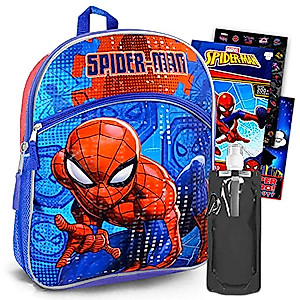 Marvel Shop, Kids Spiderman Backpack Set 4 Pc Bundle With Deluxe 16 In Marvel Spiderman School Bag, Water Pouch, Stickers, And More, Spiderman backpack for boys