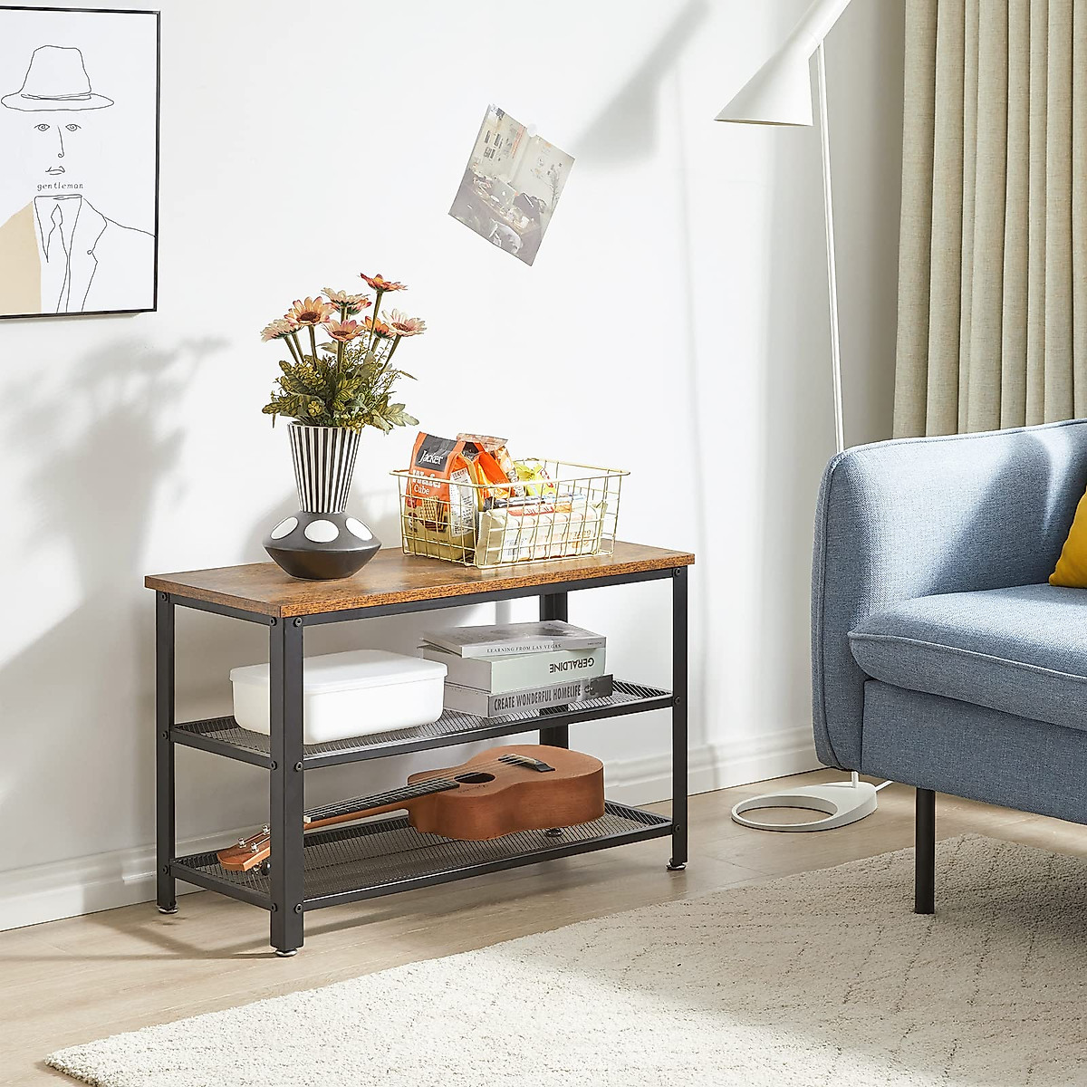 IBUYKE Industrial Shoe Rack, Shoe Bench, for 6-8 Pairs, 3-Tier Storage Organiser with Seat and Shelf, for Entryway, Living Room, Hallway, Steel Frame, Accent Furniture, TMJ004H