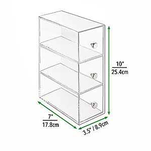mDesign Plastic Kitchen Pantry Stackable Storage Organizer Container Station with 3 Drawers for Cabinet, Countertop, Holds Coffee, Tea, Sugar Packets, Creamers - Lumiere Collection - 2 Pack - Clear