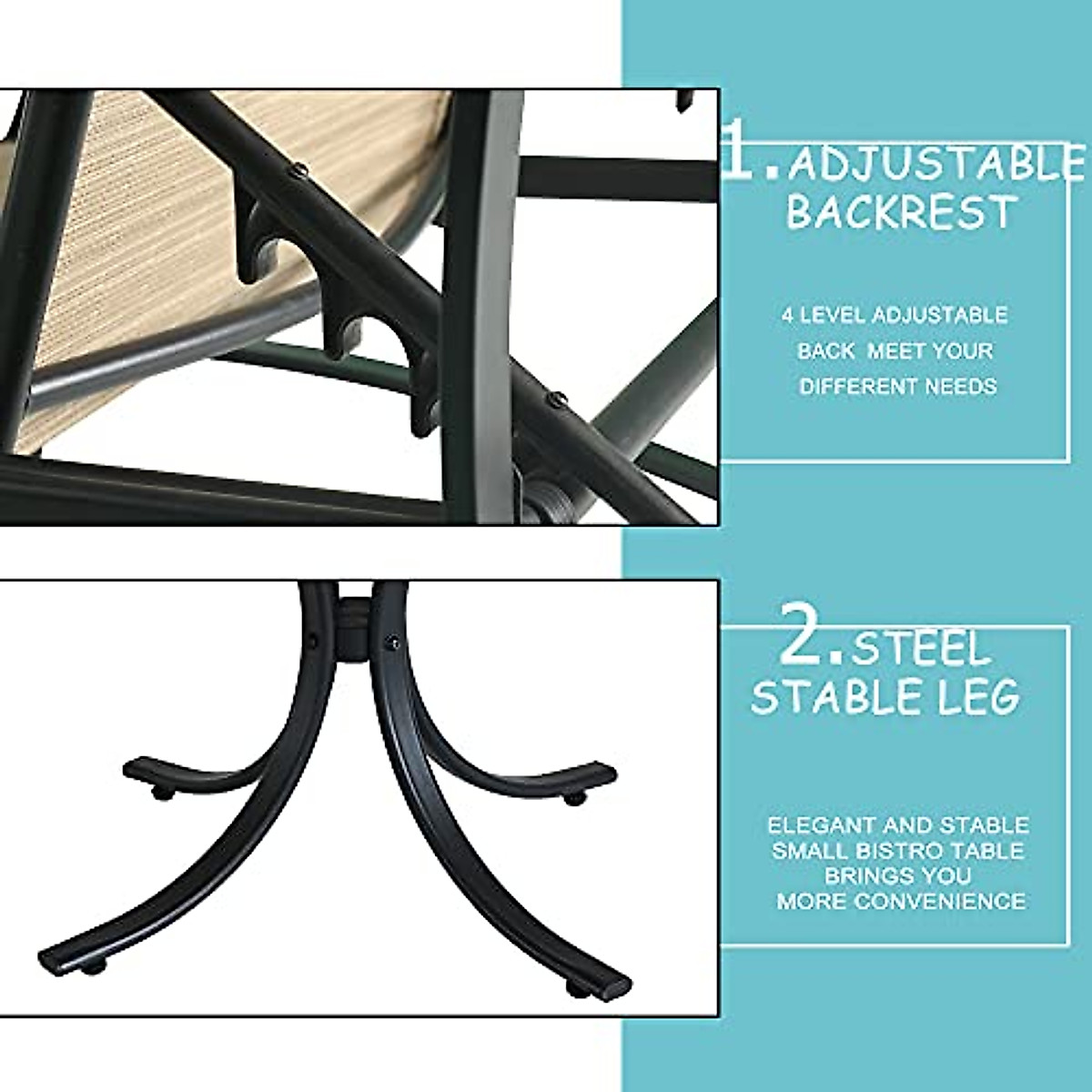 LOKATSE HOME Adjustable Patio Chaise Lounge Set of 2, Outdoor Textiline Reclining Chairs with 1 Glass Top Bistro Table Sturdy Metal Frame for Backyard Porch Poolside, Beige