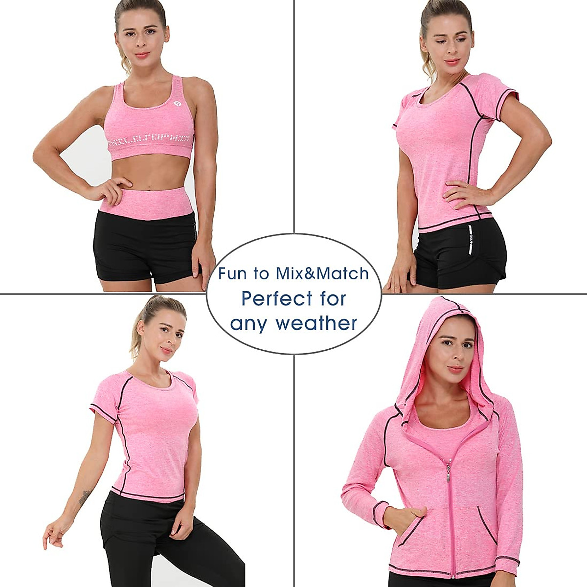 Workout Outfit Set for Women 5 Pieces Yoga Exercise Clothes with Sport Bra Shorts Leggings Shirt Jacket Athletic(Pink, L)