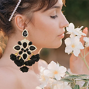 BOBOWINGS Black Earrings for Women, Big Crystal Rhinestones Flower Tassel Dangle Balck and Gold Statement Handmade Earrings Trendy