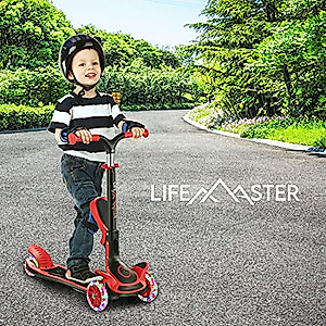 Kids Scooter – Foldable Seat – LED Wheel Lights Illuminate When Rolling – Children and Toddler 3 Wheel Kick Scooter – Adjustable Handlebar – Indoor and Outdoor- Red - by Lifemaster