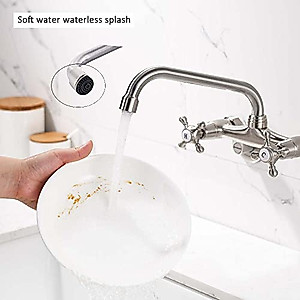 Wesliv Brushed Nickel Wall Mount Kitchen Faucet Double Cross Handle Commercial 3 Inch to 9 Inch Adjustable Spread Mixer Tap with 9 inch Spout Reach, Hot and Cold Water Mixer Tap 360 Rotatable Faucet