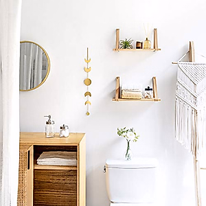 Mkono Hanging Shelf Wall Wood Floating Storage Shelves Leather Strap Swing Organizer for Nursery Bedroom Living Room Bathroom Dorm, Set of 2