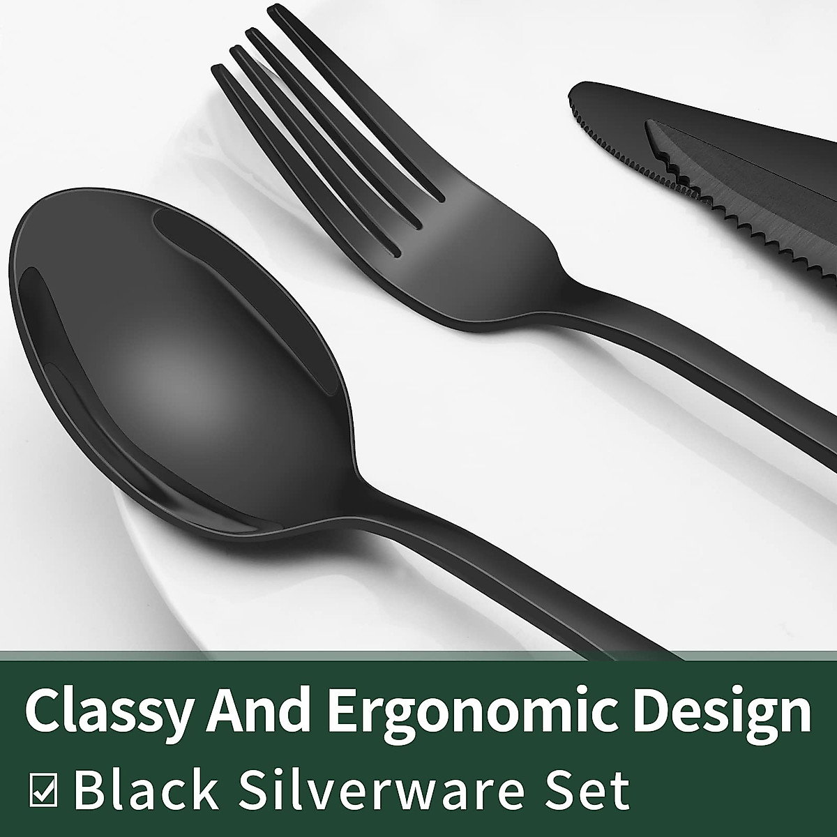 48-Piece Black Silverware Set with Organizer, Black Flatware Set with Steak Knives for 8, Food-Grade Stainless Steel Tableware Cutlery Set, Mirror Finished Utensil Sets for Home Restaurant
