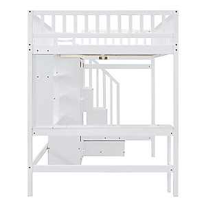 Merax Full Loft Beds Stairway Loft Bed Frame with Wardrobe, Desk, Bookshelf and Drawers, White