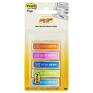 Post-it Printed Flags,"Sign Here", 100 Flags/Dispenser, 1 Dispenser/Pack.47 in Wide, Assorted Colors (684-SH-OPBLA)