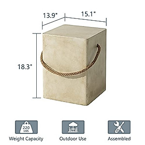 COSIEST Concrete Side Table, Rectangular Outdoor Side Table w Hemp Rope Handles,15''Patio Side Tables End Table, Outdoor Accent Side Table for Garden and Patio, Beige