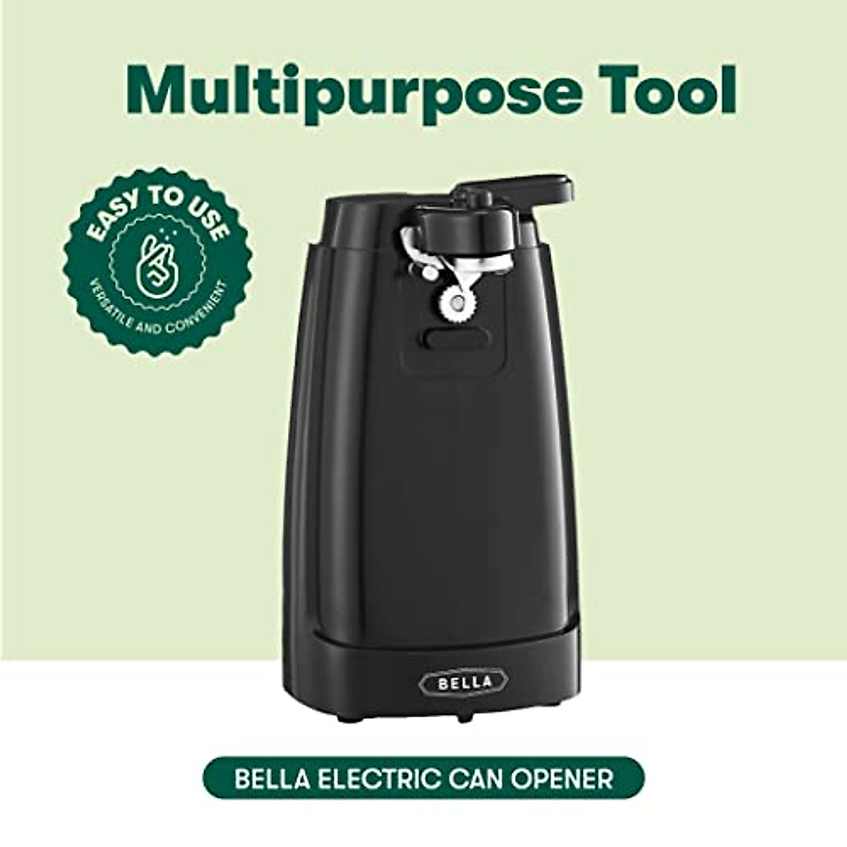 BELLA Electric Can Opener, Automatic Can Opener, Knife Sharpener and Bottle Opener, Easy Safe Removable Cutting Lever, Cord Storage, Easy Clean-Up, Black