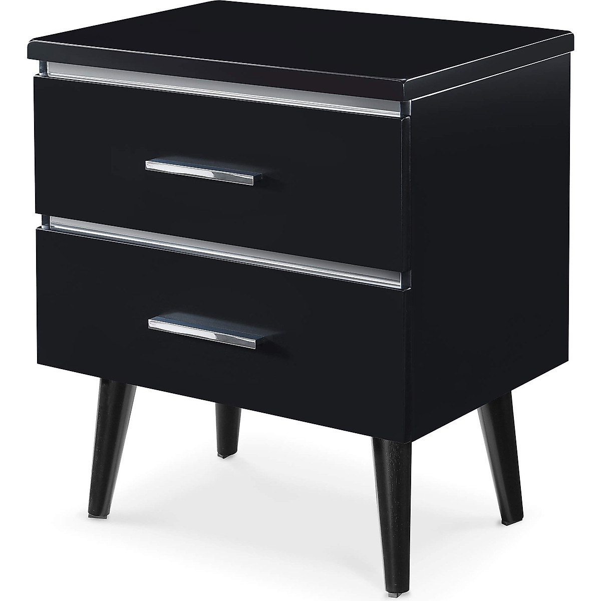 Adore Décor Lennox Mid-Century Side Table 2 Drawers Storage Nightstand, Matte Chrome Handle, Black