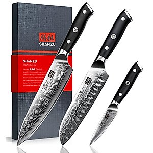 SHAN ZU Damascus Knife Set 3 PCS, Japanese Super Steel Damascus Kitchen Knife Set, High Carbon Professional Ultra-Sharp Chef Knife Set with G10 Handle, Gift Box