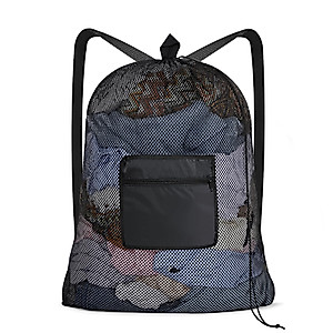 OTraki Mesh Laundry Bag Backpack 36 x 28 Inch Extra Large Drawstring Mesh Wash Bag with Shoulder Straps Zipper Pocket Heavy Duty Dirty Clothes Travel Laundry Bag for Home College Dorm Apartment Black