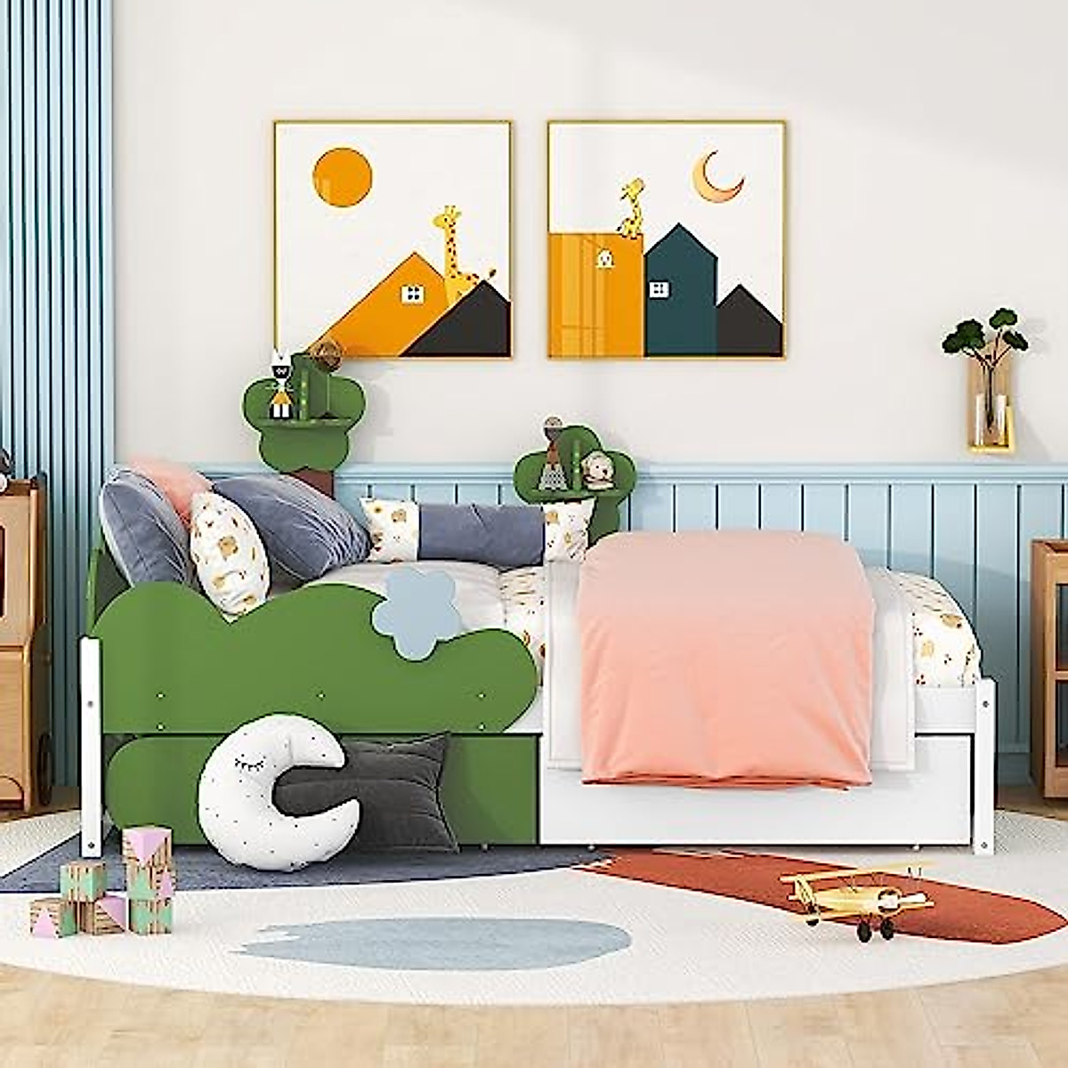 Merax Twin Bed with Clouds and Rainbow Decor, Wood Bed Frame with Storage Drawers for Kids