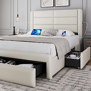 Yaheetech Queen Size Bed Frame with 2 USB Charging Station/Port for Type A&Type C/3 Storage Drawers, Leather Upholstered Platform Bed with Headboard/Solid Wood Slat Support/No Box Spring Needed/Beige