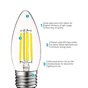 Luxrite 5W Vintage E26 Candelabra LED Bulb 60W Equivalent, 550 Lumens, 5000K Bright White Dimmable, Medium Base Candelabra Bulb, Torpedo Tip Clear Glass, Edison Filament Light Bulb, UL Listed (6 Pack)