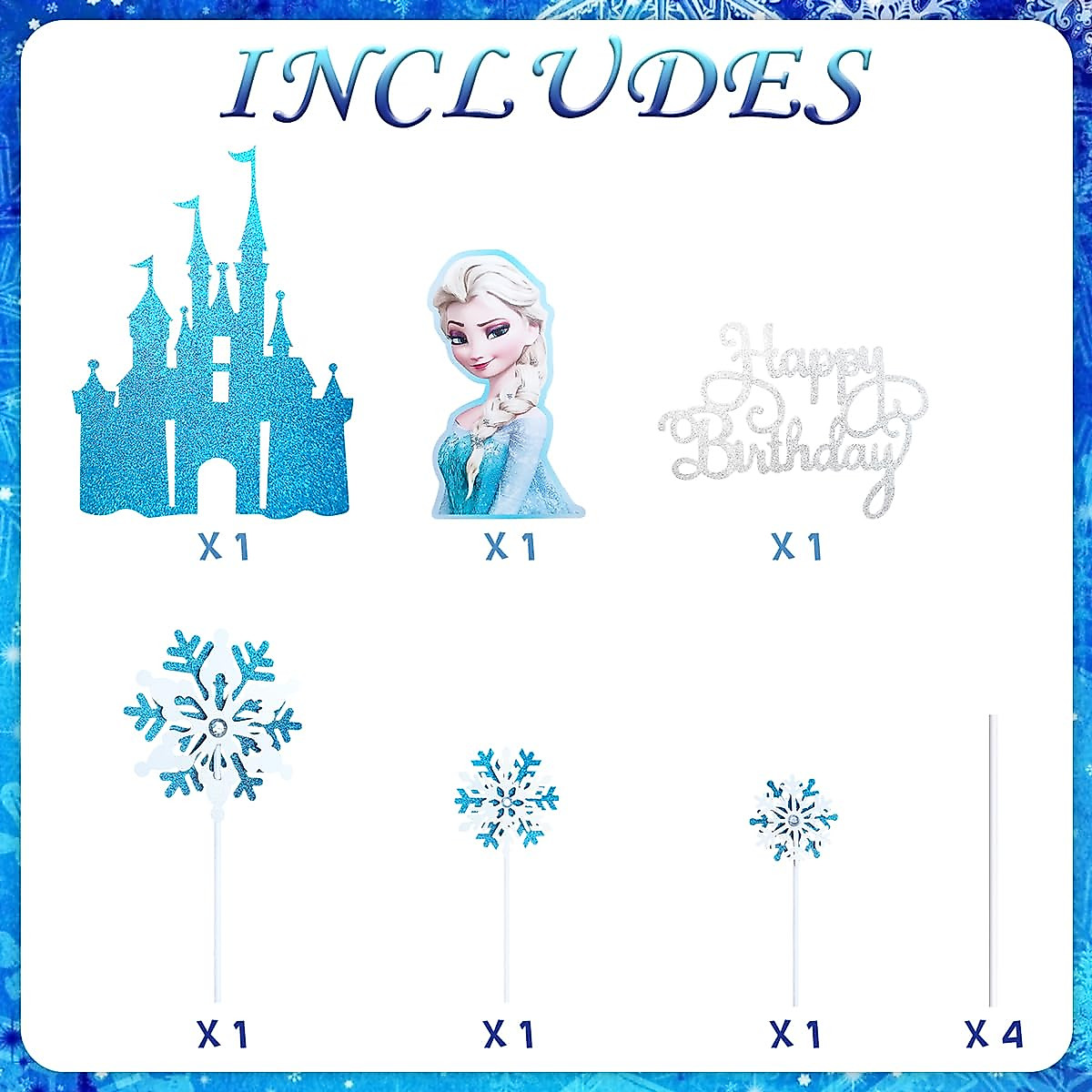 Valentina Buck Frozen Glitter Cake Topper Set Birthday Party Supplies Decorations Castle Sparkling for Kids, 6 counts A2- Blue Castle