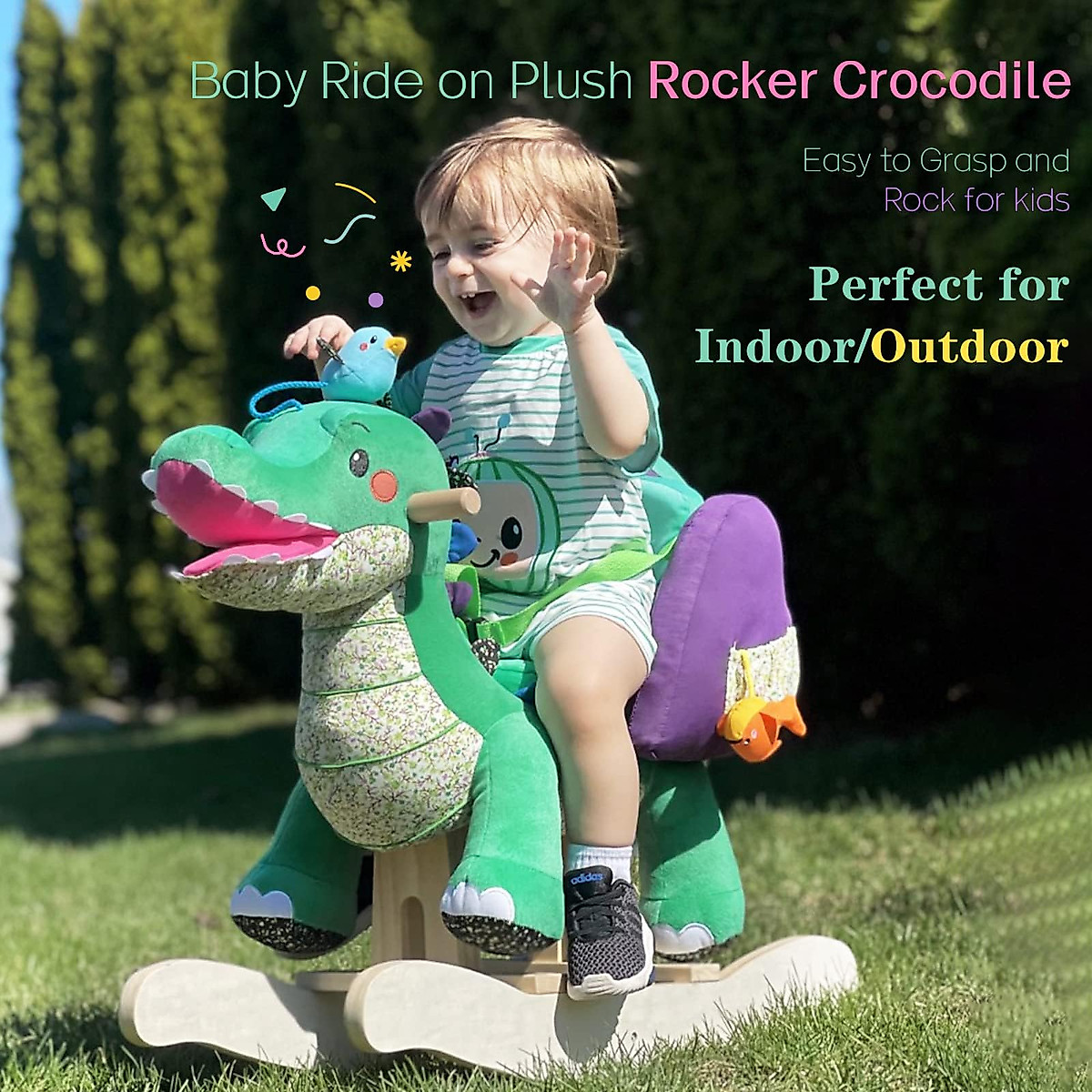 labebe Child Rocking Horse Toy, Stuffed Animal Rocker, Green Crocodile Plush Rocker Toy for Kid 6 Month -3 Years, Wooden Rocking Horse Chair/Rocker/Animal Ride on